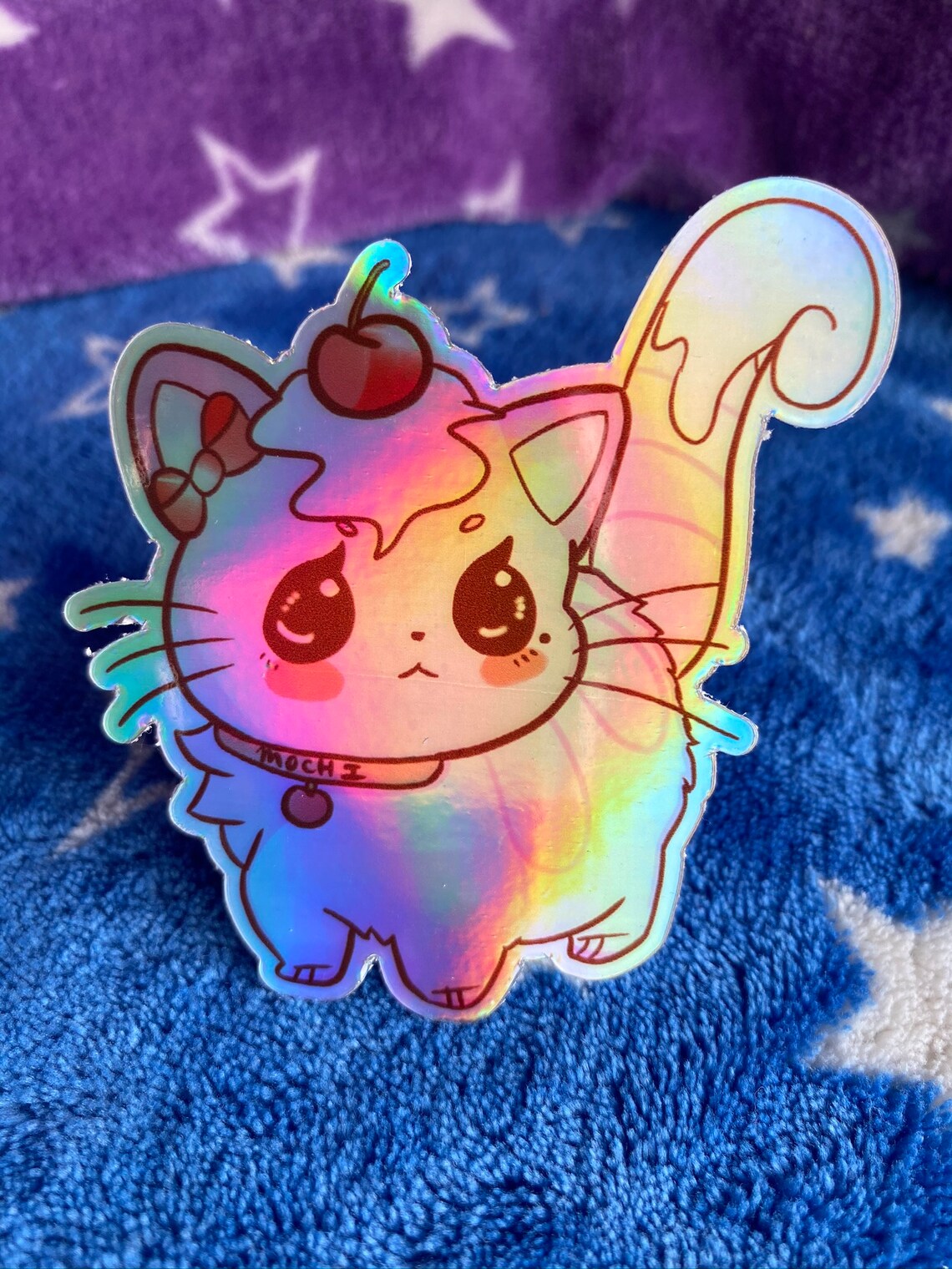 Cherry Cat Chibi Holo Sticker | Etsy