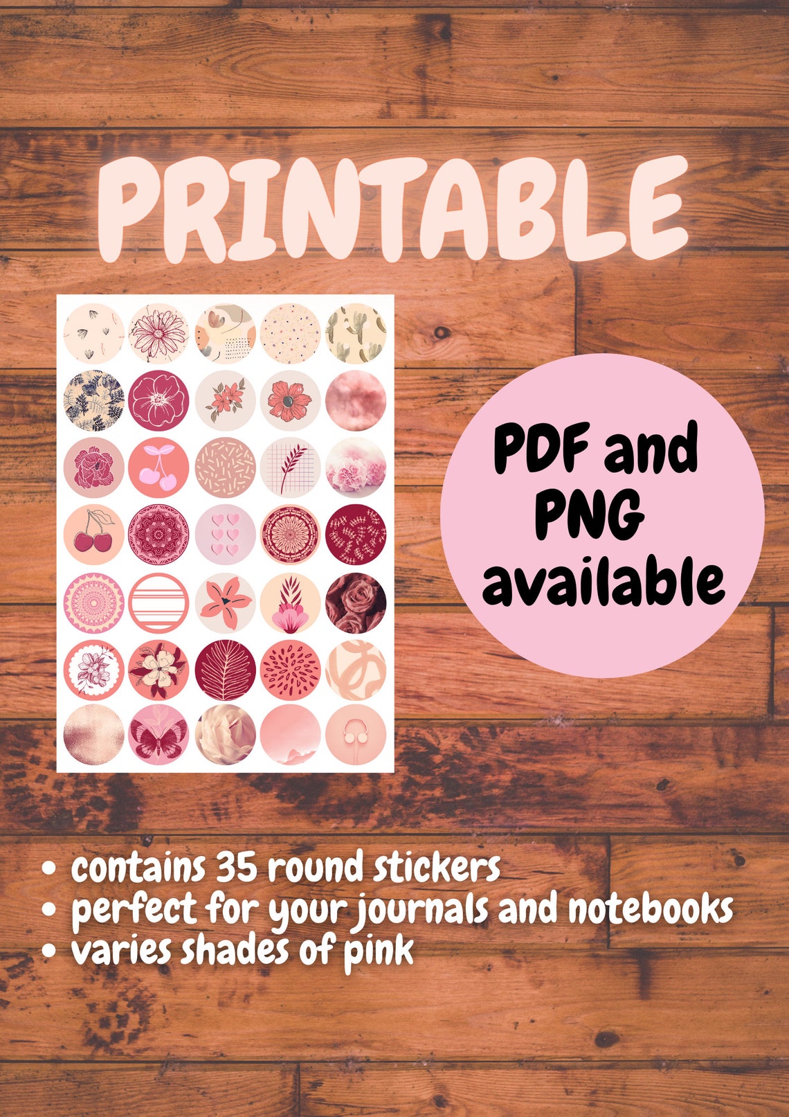 35 Pink round stickers Digital print Printable file floral | Etsy