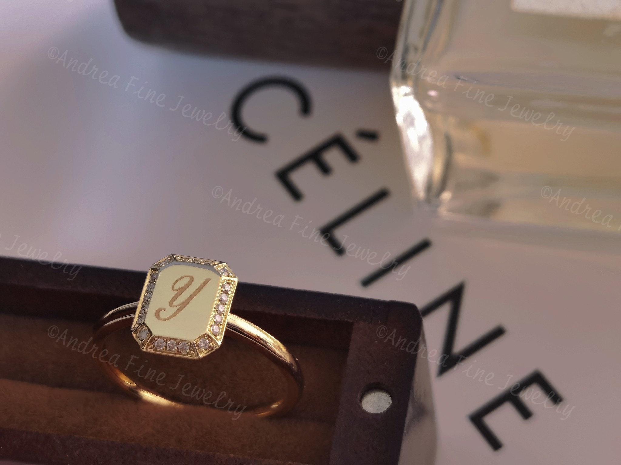 14k Cursive Initial Signet Ring Monogram Script Initial Ring | Etsy