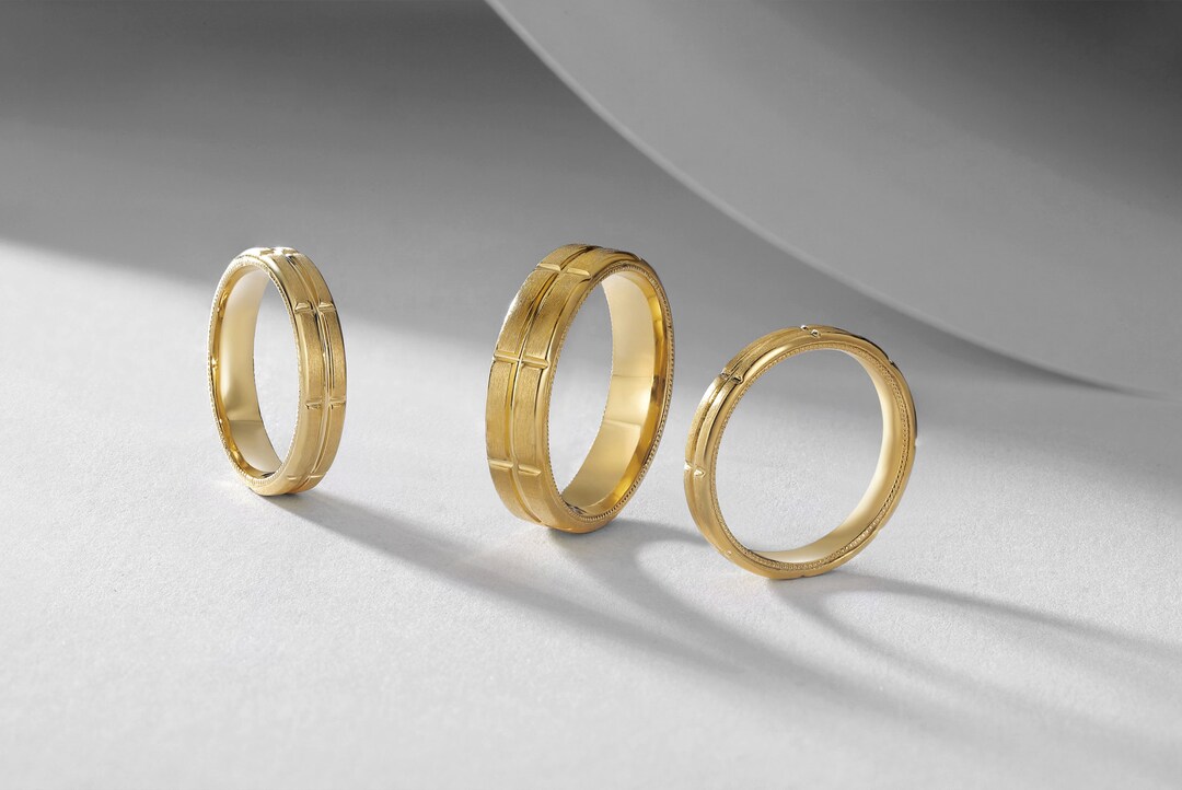 18k Yellow Gold Chocolate Chunks Sweet Love Couple Rings, Brushed Wide Band Ring, Unique Wedding ...