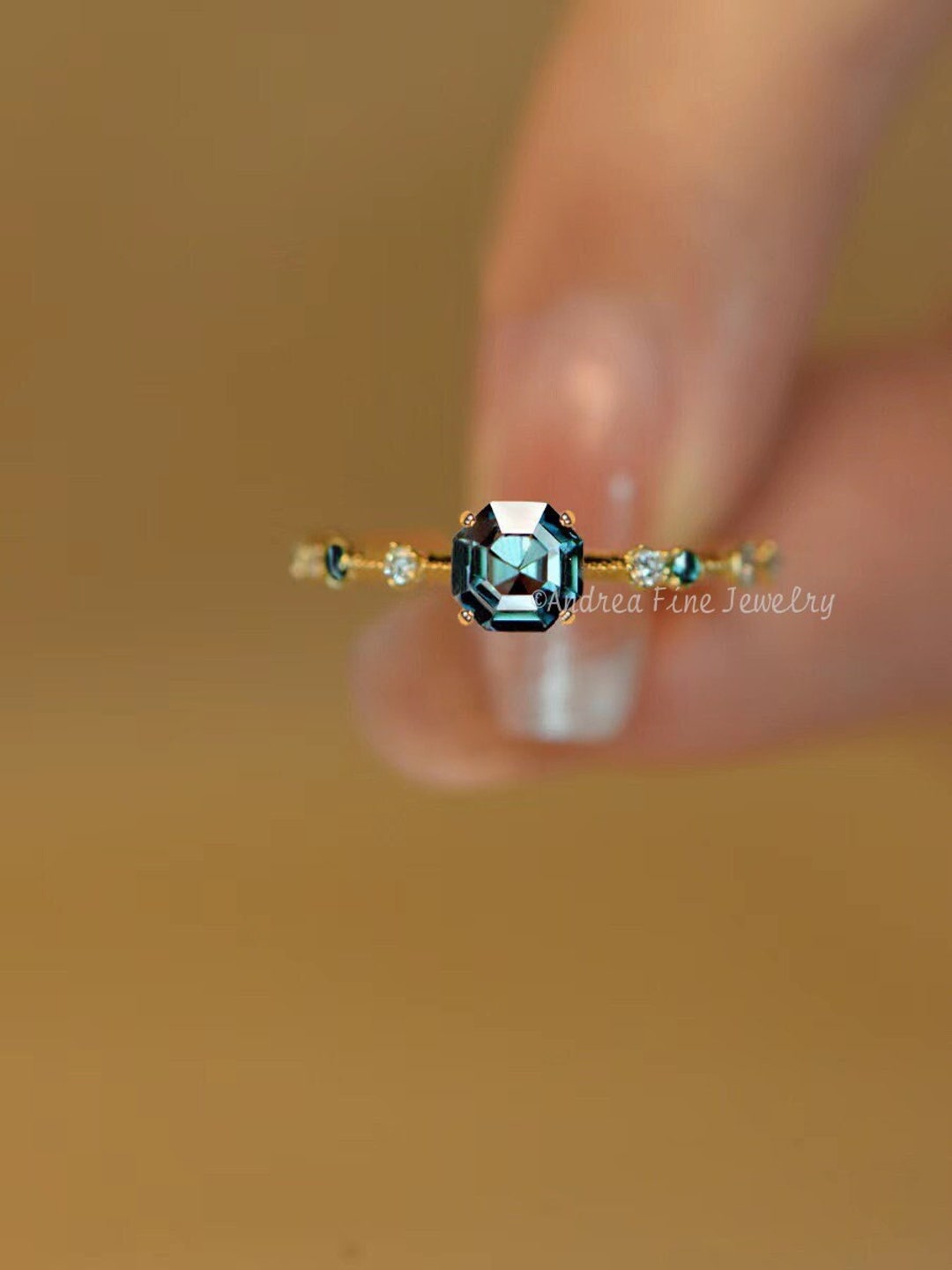 Octagon Cut Blue Green Lab Sapphire Engagement Ring, Lab Grown Diamond ...