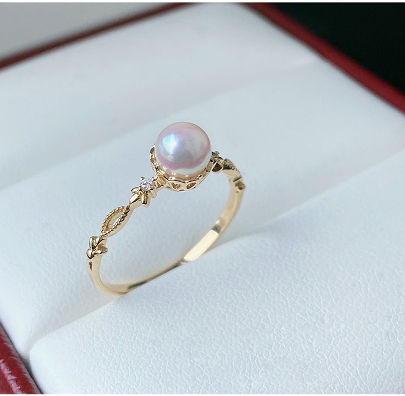 Vintage Style Japanese Akoya Pearl and Diamond Ring, Ivory Pinkish ...