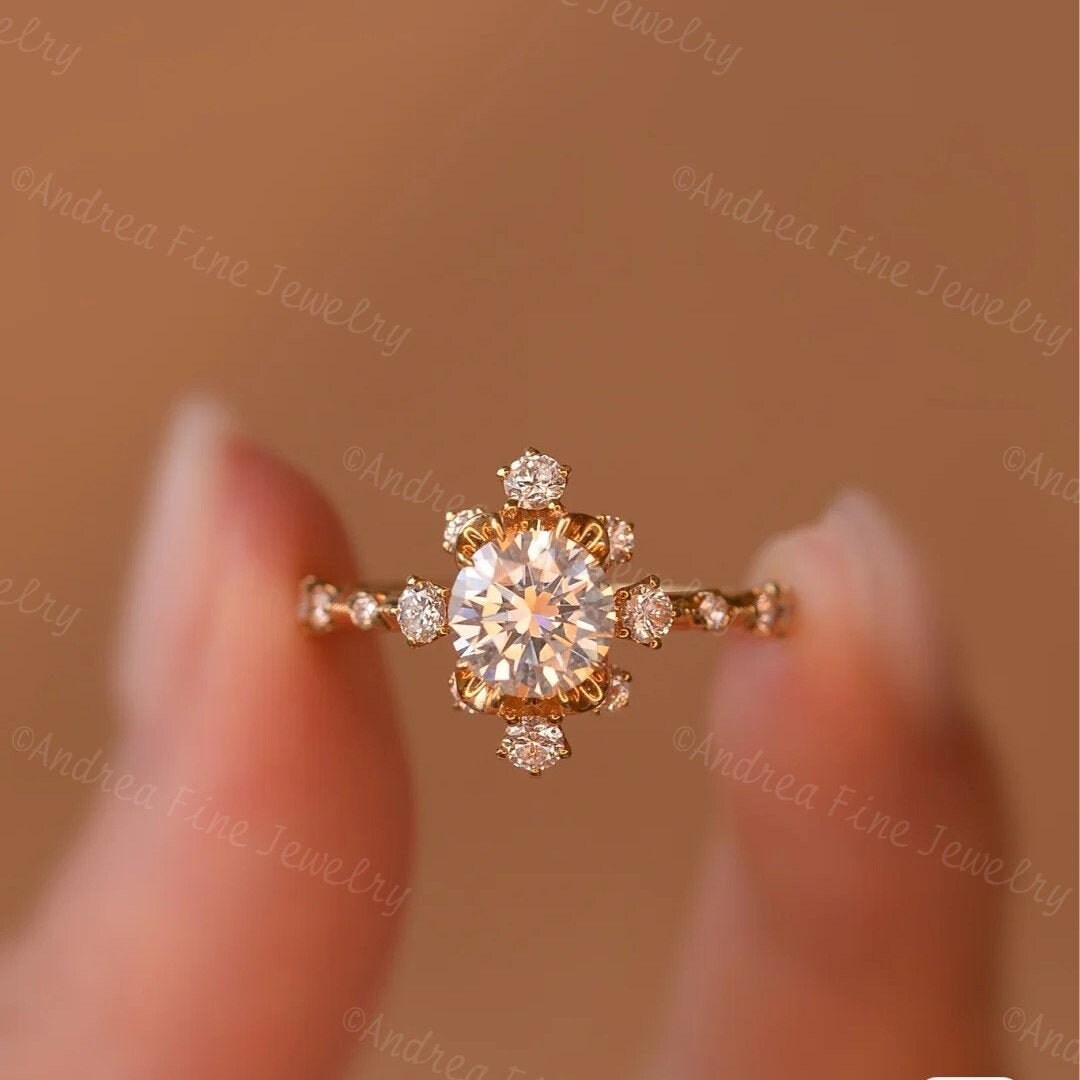 Antique Sun Diamond Engagement Ring, Handcrafted Wedding Band, Dainty ...