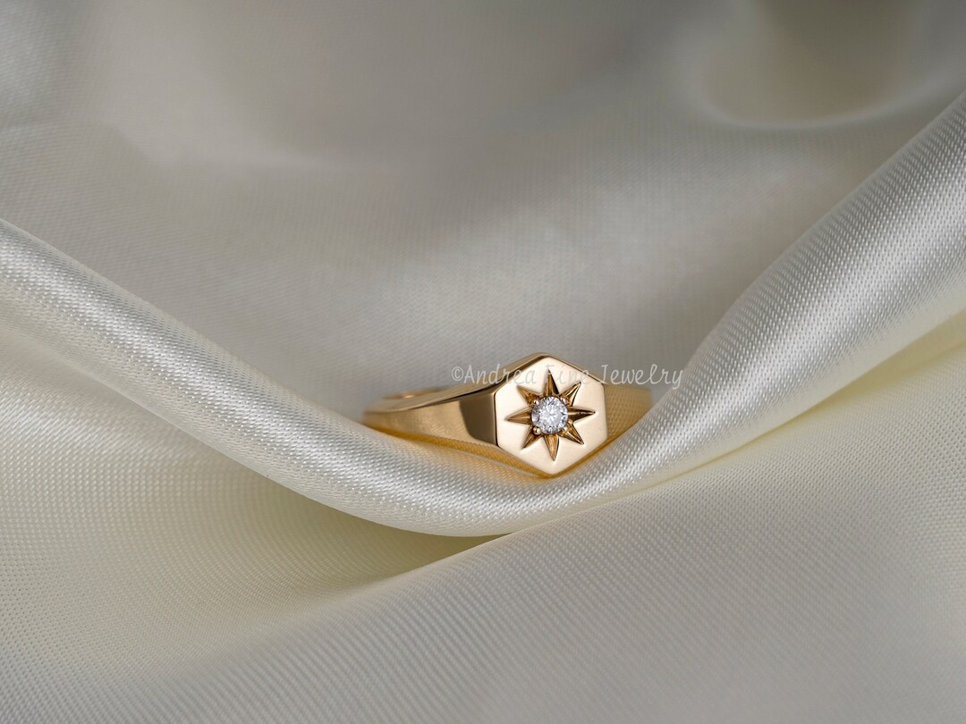 14k Yellow Gold Eight Awn Star Diamond Signet Ring, Octagonal Star ...
