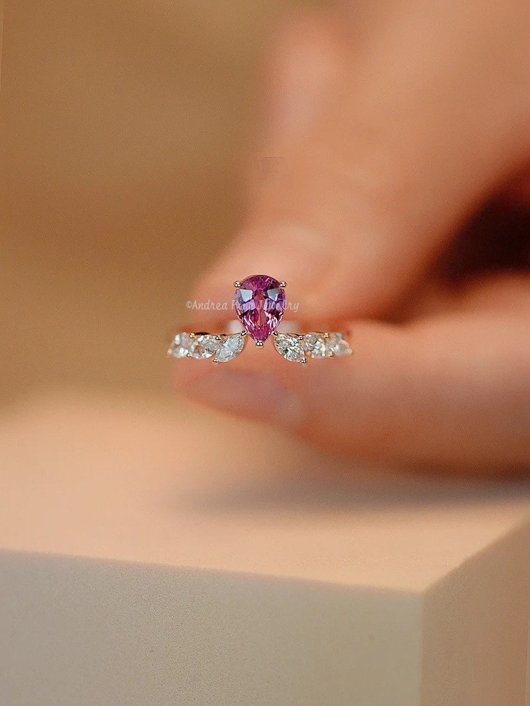 14k Solid Gold Fuchsia Sapphire Engagement Ring, Pear Shape Purple Pink ...