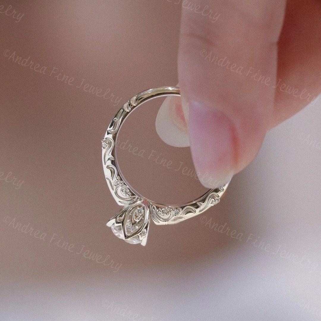 Simple Engagement Ring, Art Carved Wedding Bands, Unique Small Diamond ...