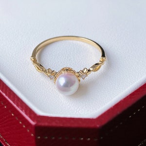 Vintage Style Japanese Akoya Pearl and Diamond Ring, Ivory Pinkish ...