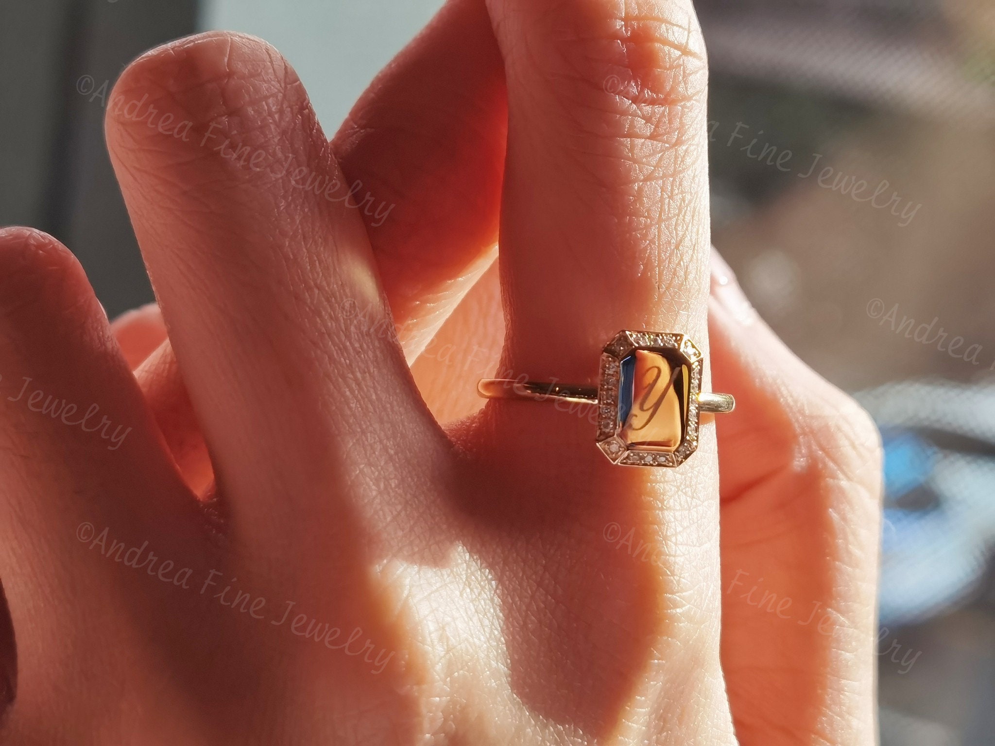 14k Cursive Initial Signet Ring Monogram Script Initial Ring | Etsy