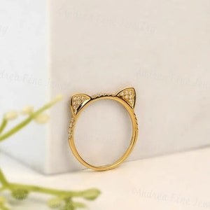 14k Solid Gold Cat Ear Engagement Ring, Cute Kitty Promise Ring, Cheshire Cat Diamond Ring ...