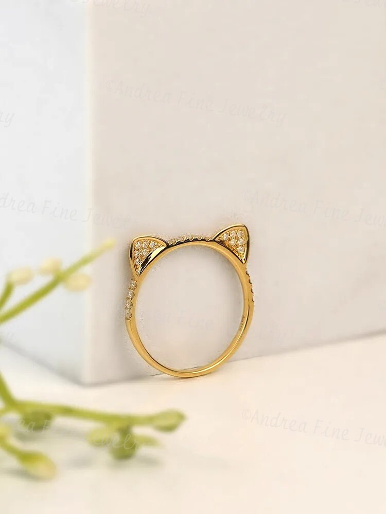 14k Solid Gold Cat Ear Engagement Ring, Cute Kitty Promise Ring ...
