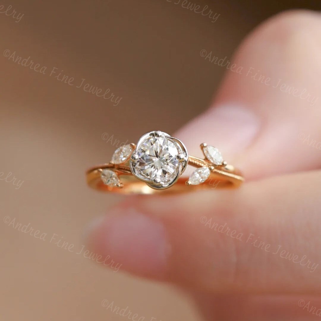 Vintage Rose Flower Engagement Ring, Two Tone Rose Gold Flower Diamond ...