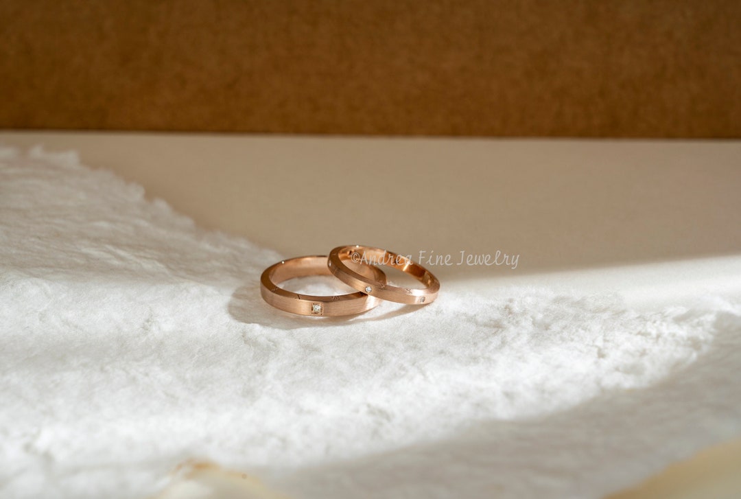 14k Solid Gold Brushed Tiny Diamond Wedding Ring Set, Unique Astrolabe ...