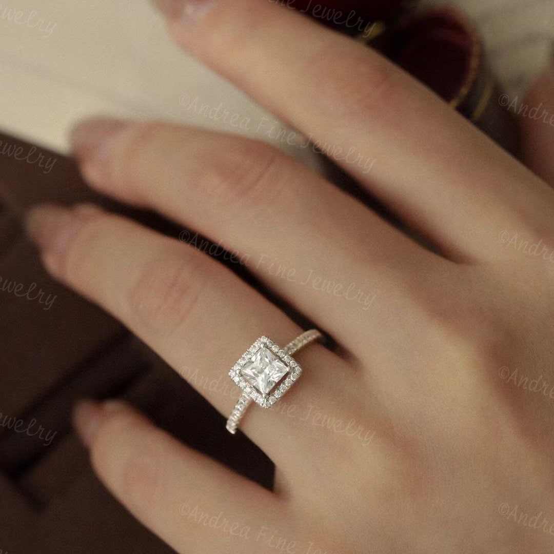 14K Solid Gold Princess Cut Halo Diamond Ring, Square Moissanite ...