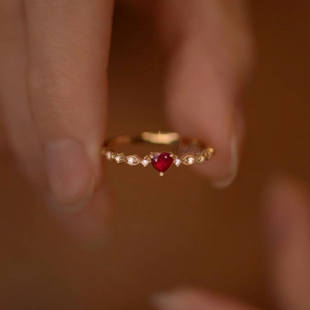 Vintage Heart Shaped Ruby Ring With Diamonds, Red Heart Ruby Engagement ...