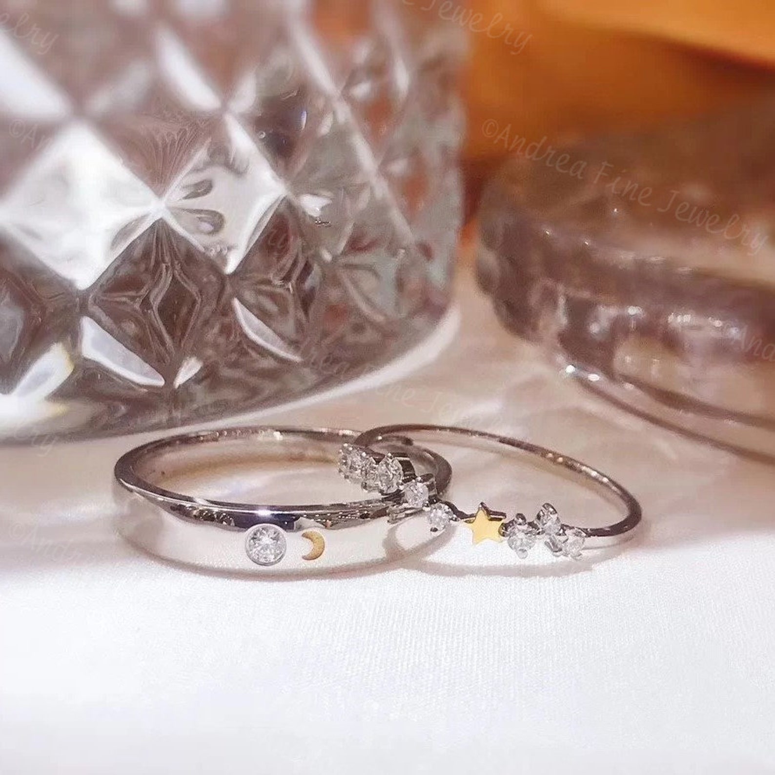 Unique Couple Ring Sun Moon Stars Ring 14k White Gold Ring - Etsy