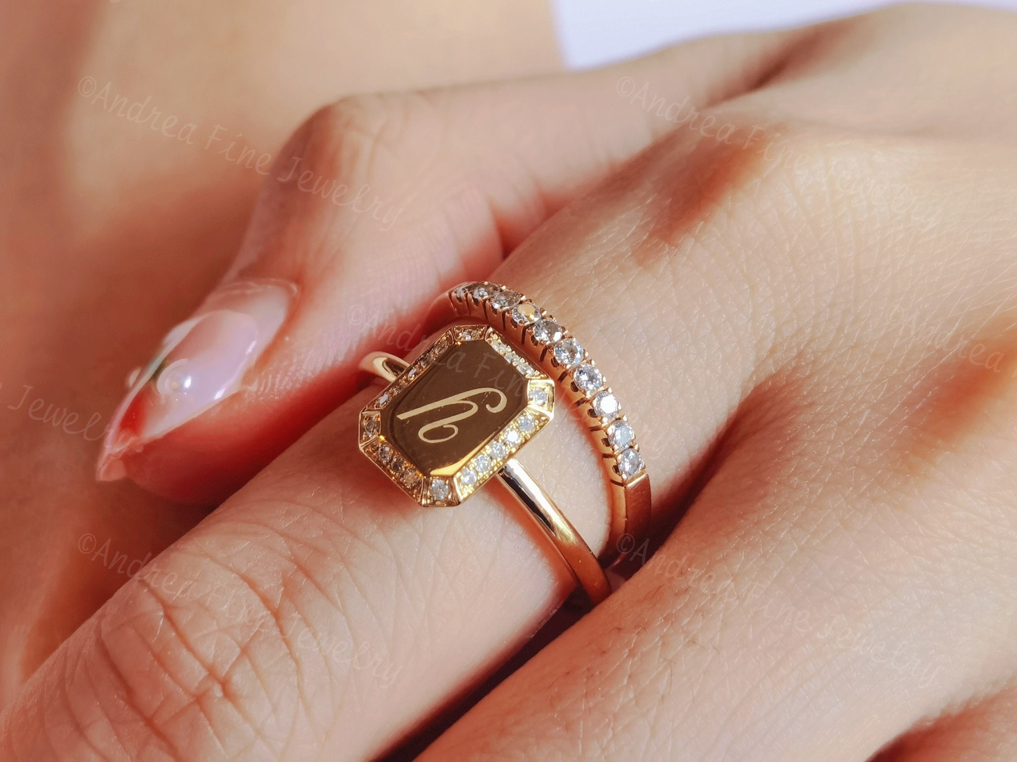 14k Cursive Initial Signet Ring Monogram Script Initial Ring | Etsy