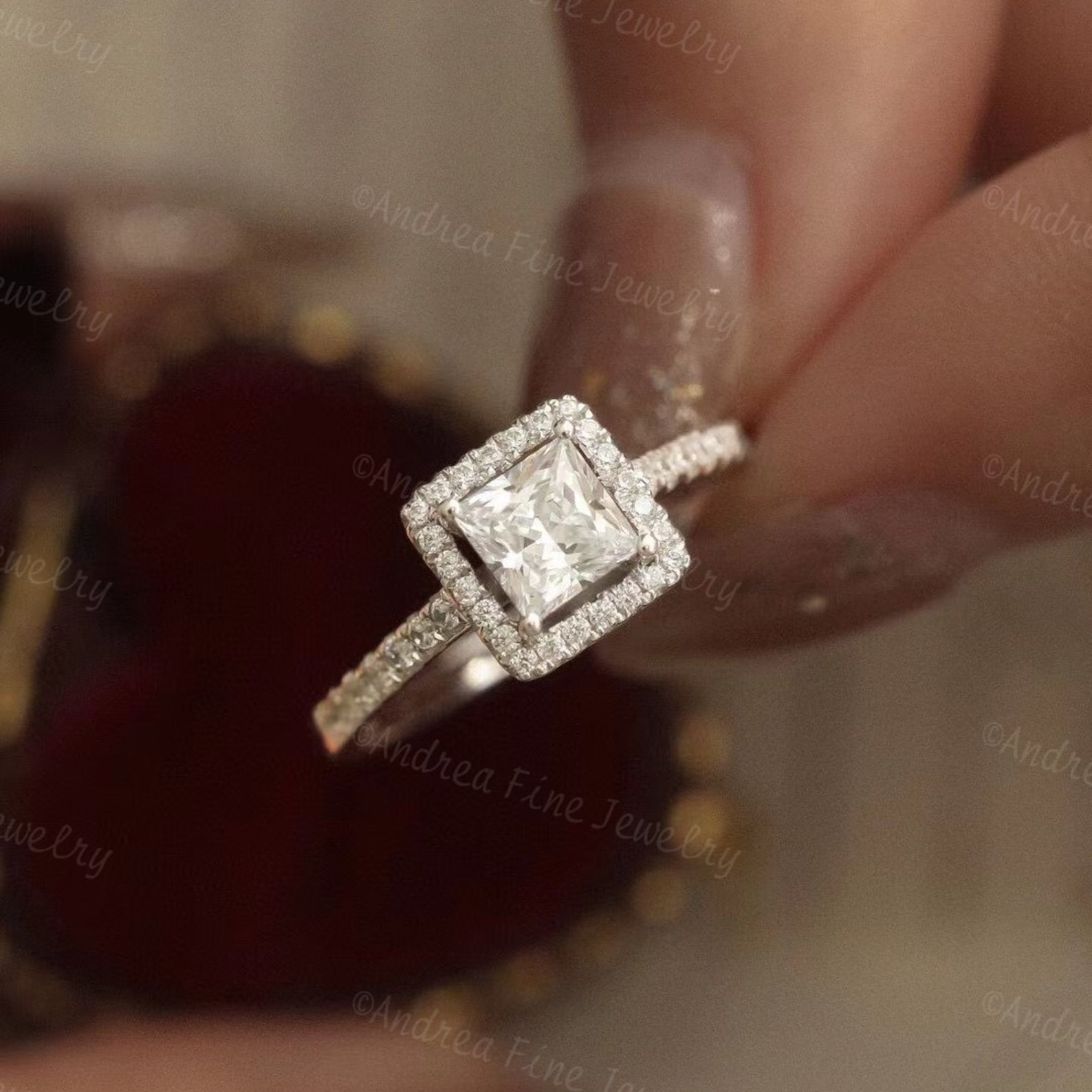 14K Solid Gold Princess Cut Halo Diamond Ring, Square Moissanite ...