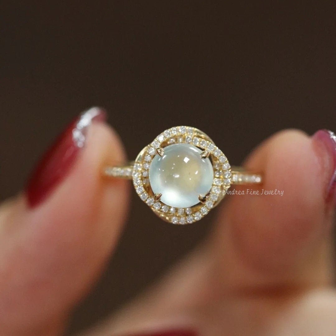 Icy Jadeite Flower Engagement Ring, Jade and Diamond Floral Ring, Jade ...