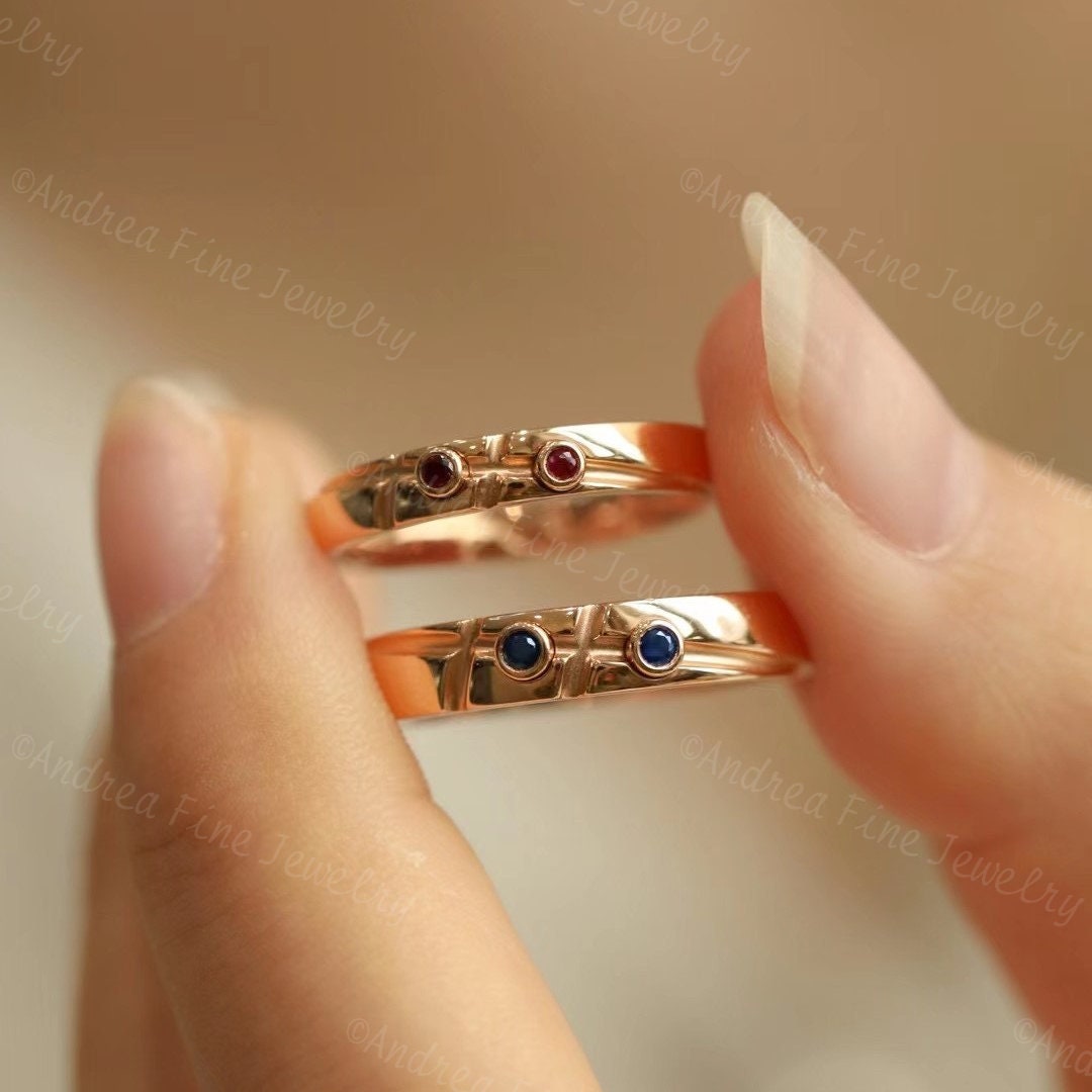 14k Custom Birthstone Wedding Bands for Couples, Engraved Unique Couple ...
