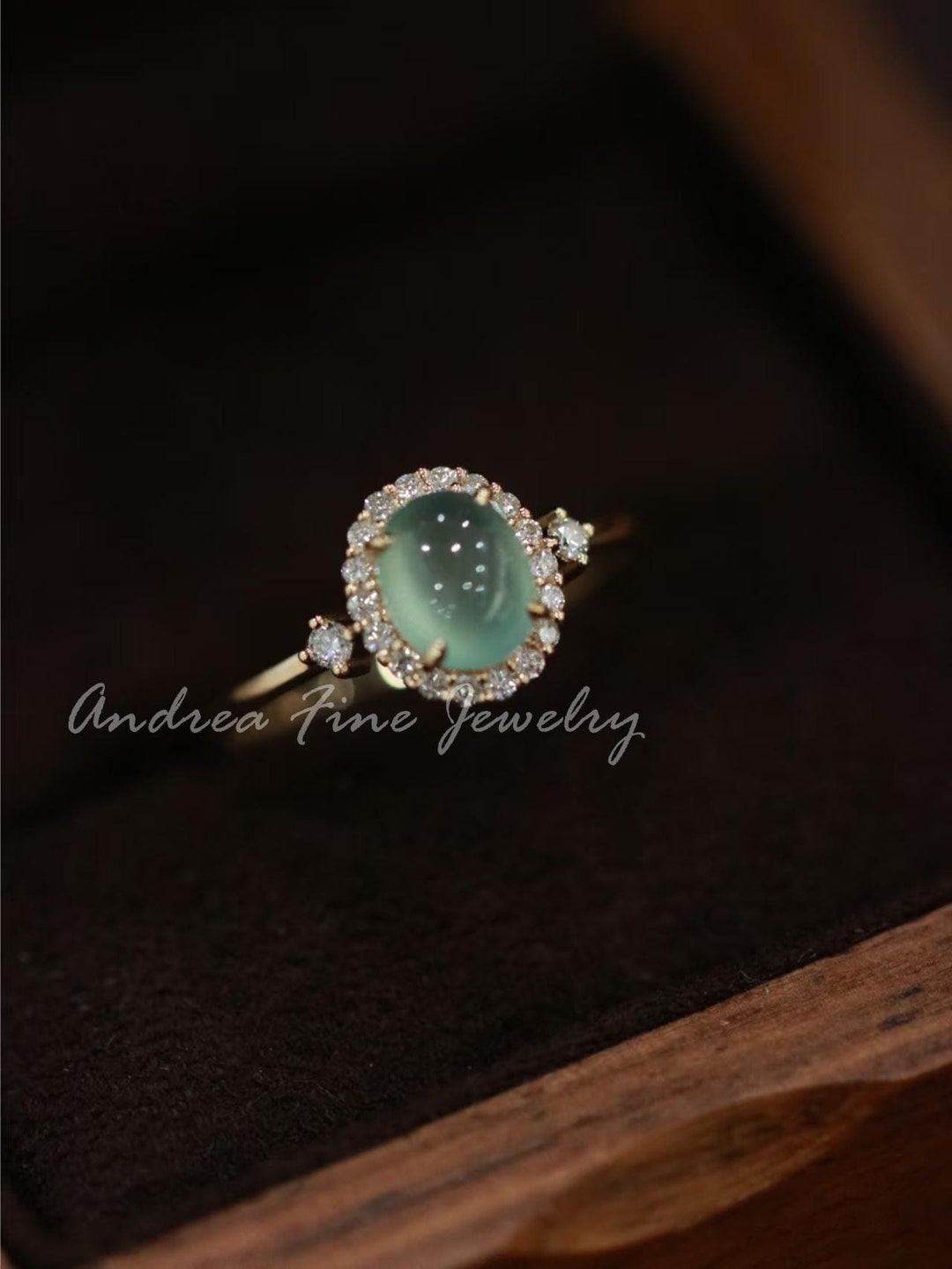 Vintage Ice Mint Green Imperial Jadeite Ring, Diamond Halo Settings, Antique Jade Engagement ...