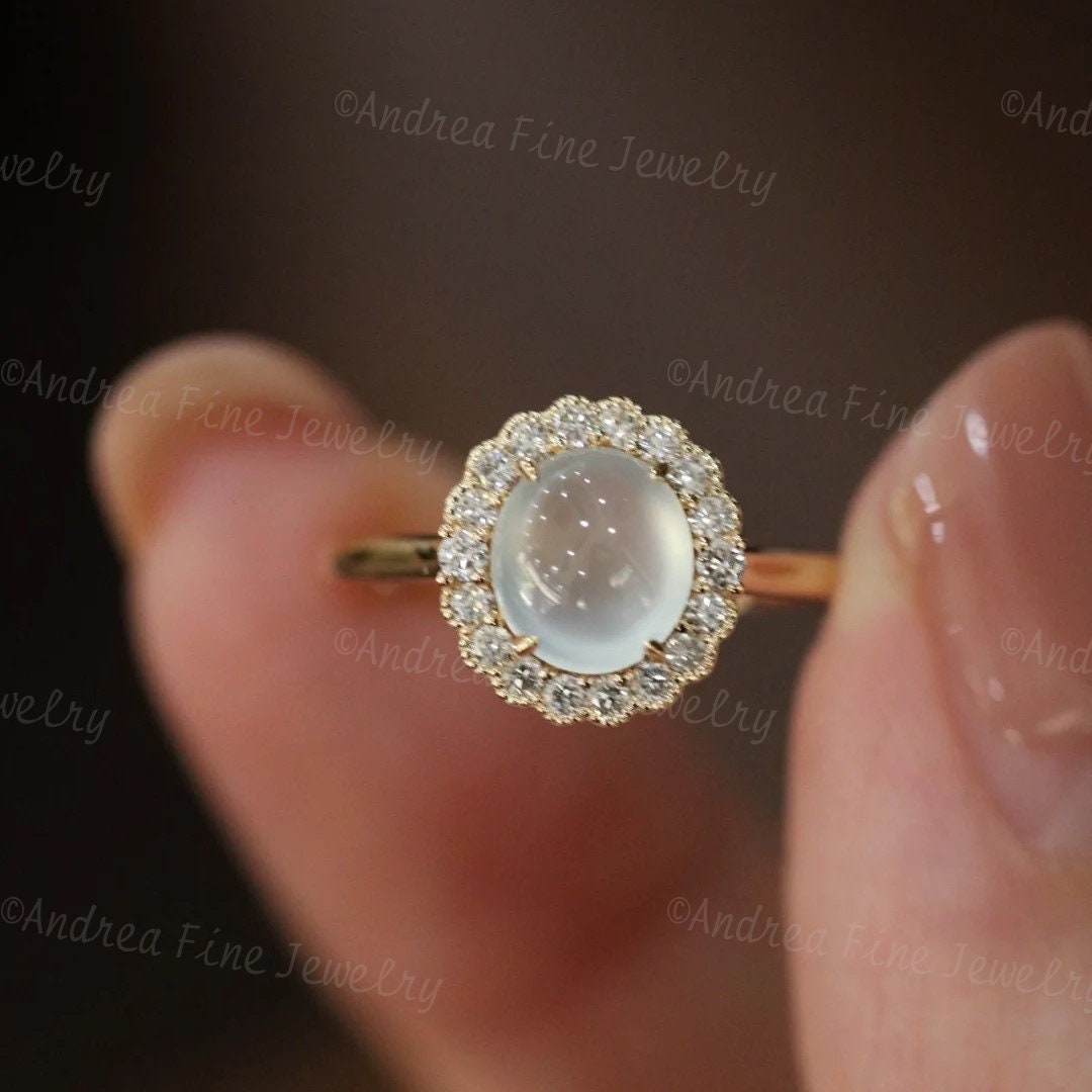 Ice Jade Solitaire Halo Diamond Engagement Ring, Translucent Natural ...