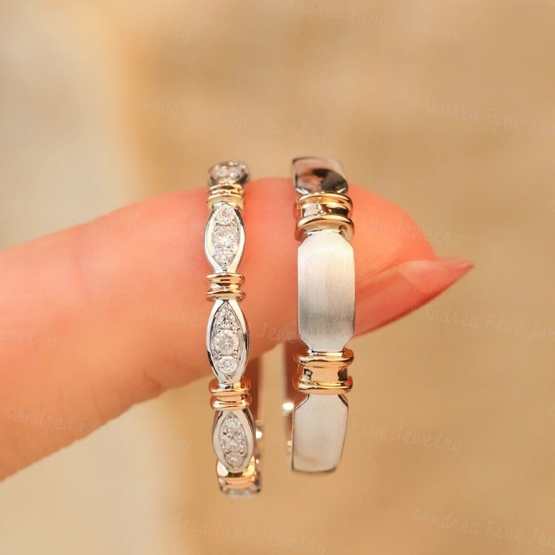 Unique Couple Duo Color Wedding Band Set, Twinset Wedding Ring, Trendy ...