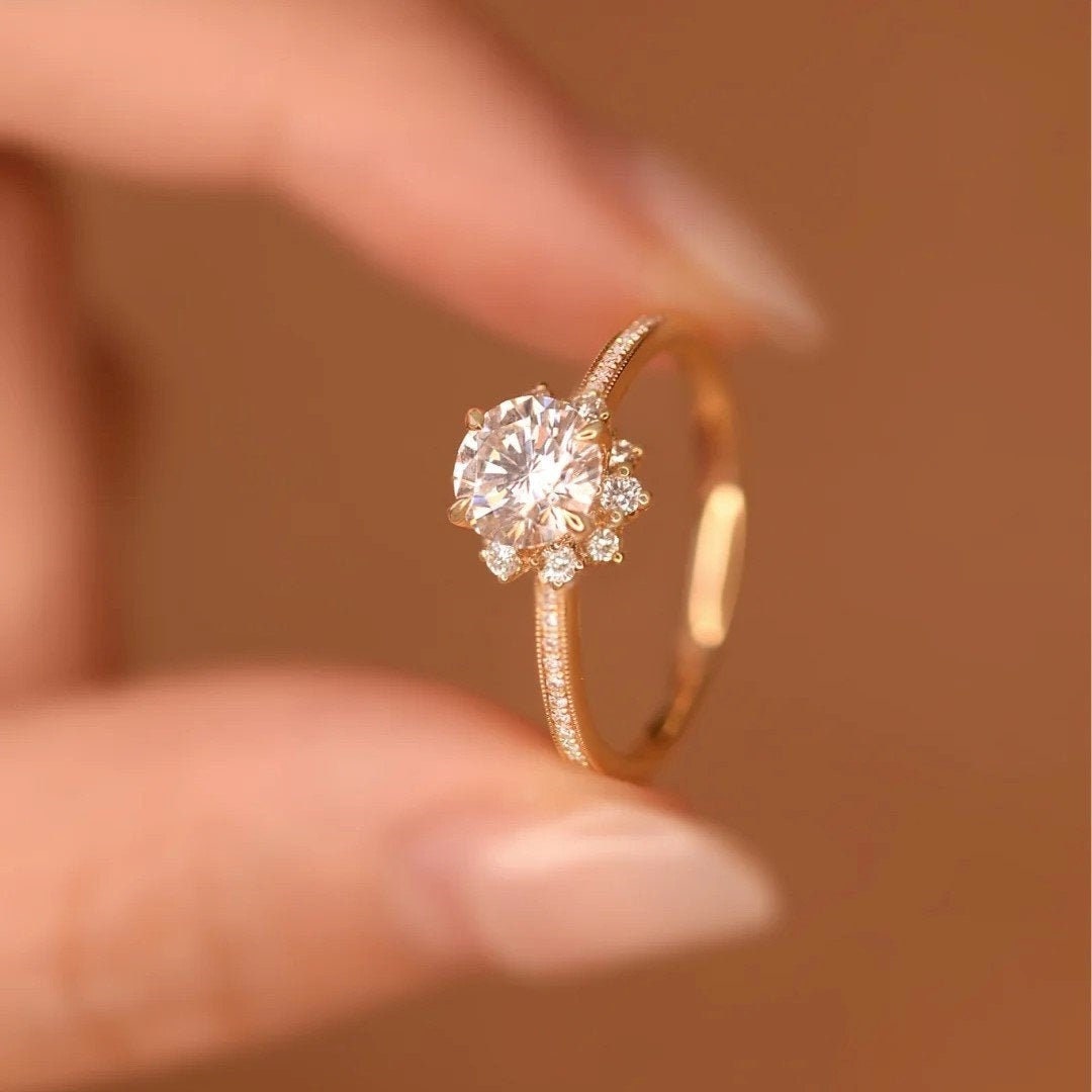 Solitary Cluster Halo Engagement Rings, Handcrafted Moissanite Ring ...