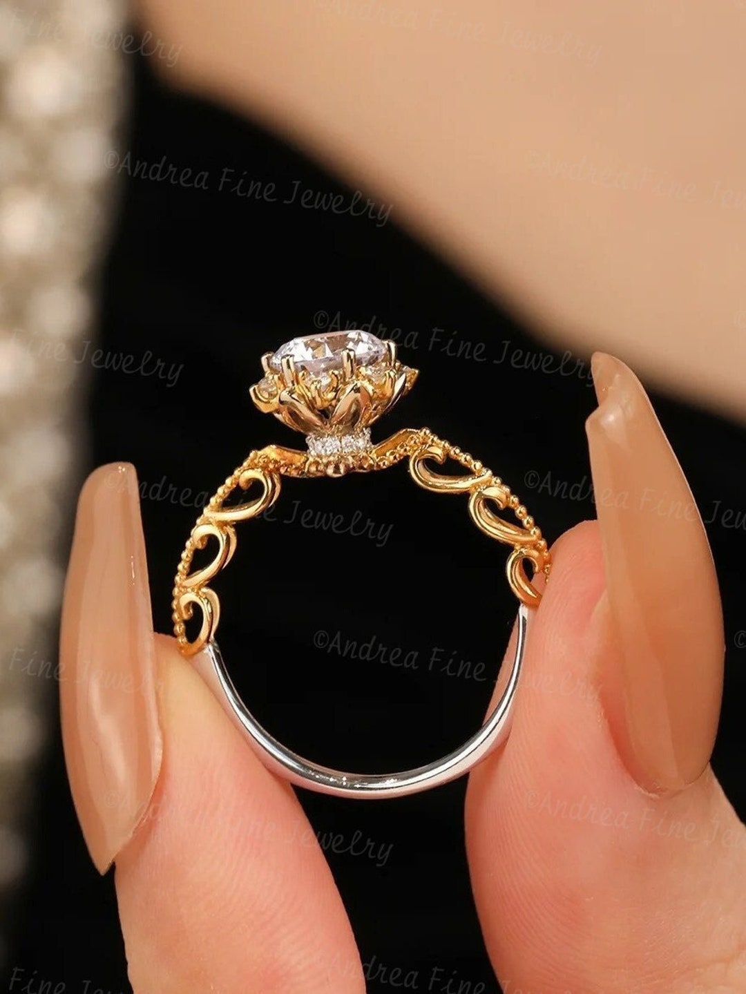 Vintage Two Tone Wedding Ring, Unique 2 Tone Moissanite Engagement Ring ...