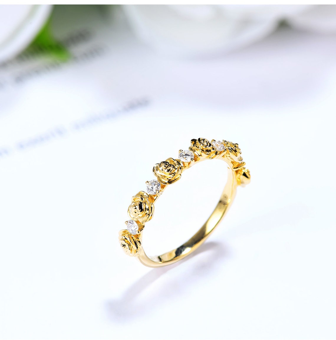 14K Vintage Rose Wedding Band Flower Shaped Diamond Ring | Etsy