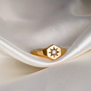 14k Yellow Gold Eight Awn Star Diamond Signet Ring, Octagonal Star ...
