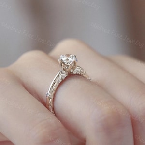 Simple Engagement Ring, Art Carved Wedding Bands, Unique Small Diamond ...