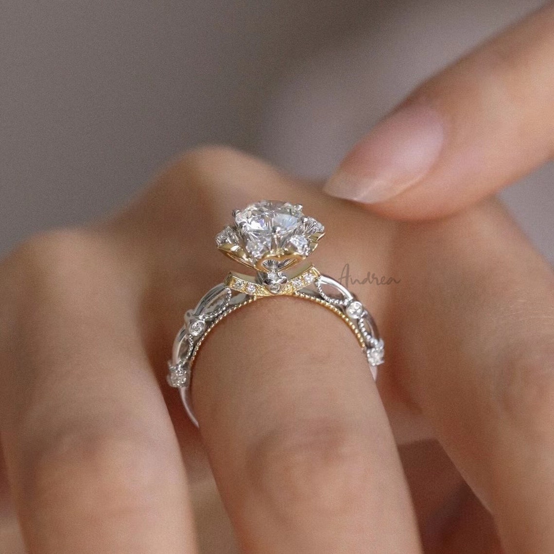 Vintage Two Tone Wedding Ring Unique 2 Tone Moissanite | Etsy