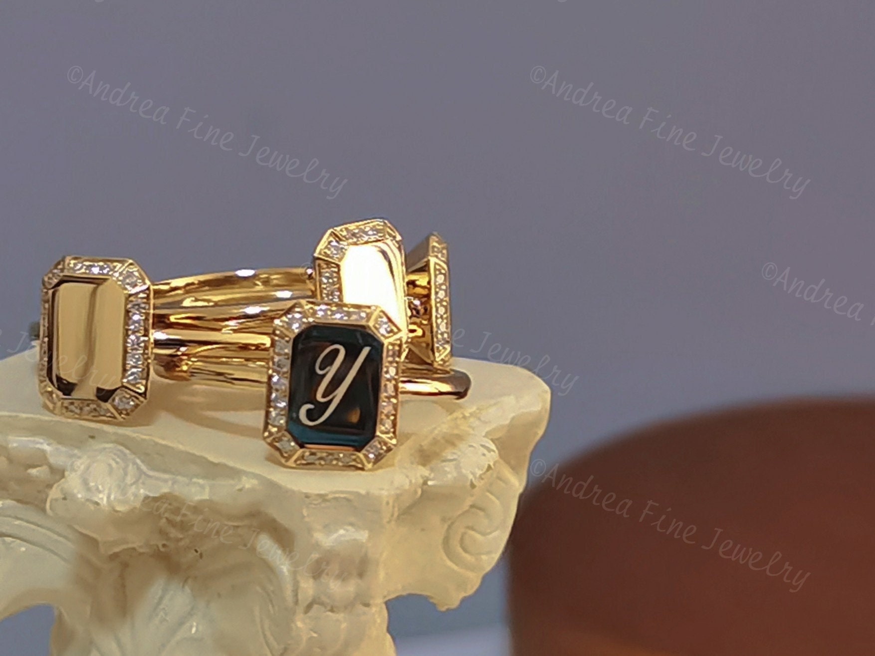 14k Cursive Initial Signet Ring Monogram Script Initial Ring | Etsy