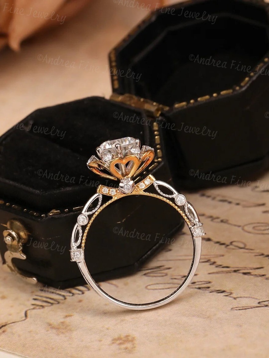 Vintage Two Tone Wedding Ring, Unique 2 Tone Moissanite Engagement Ring ...