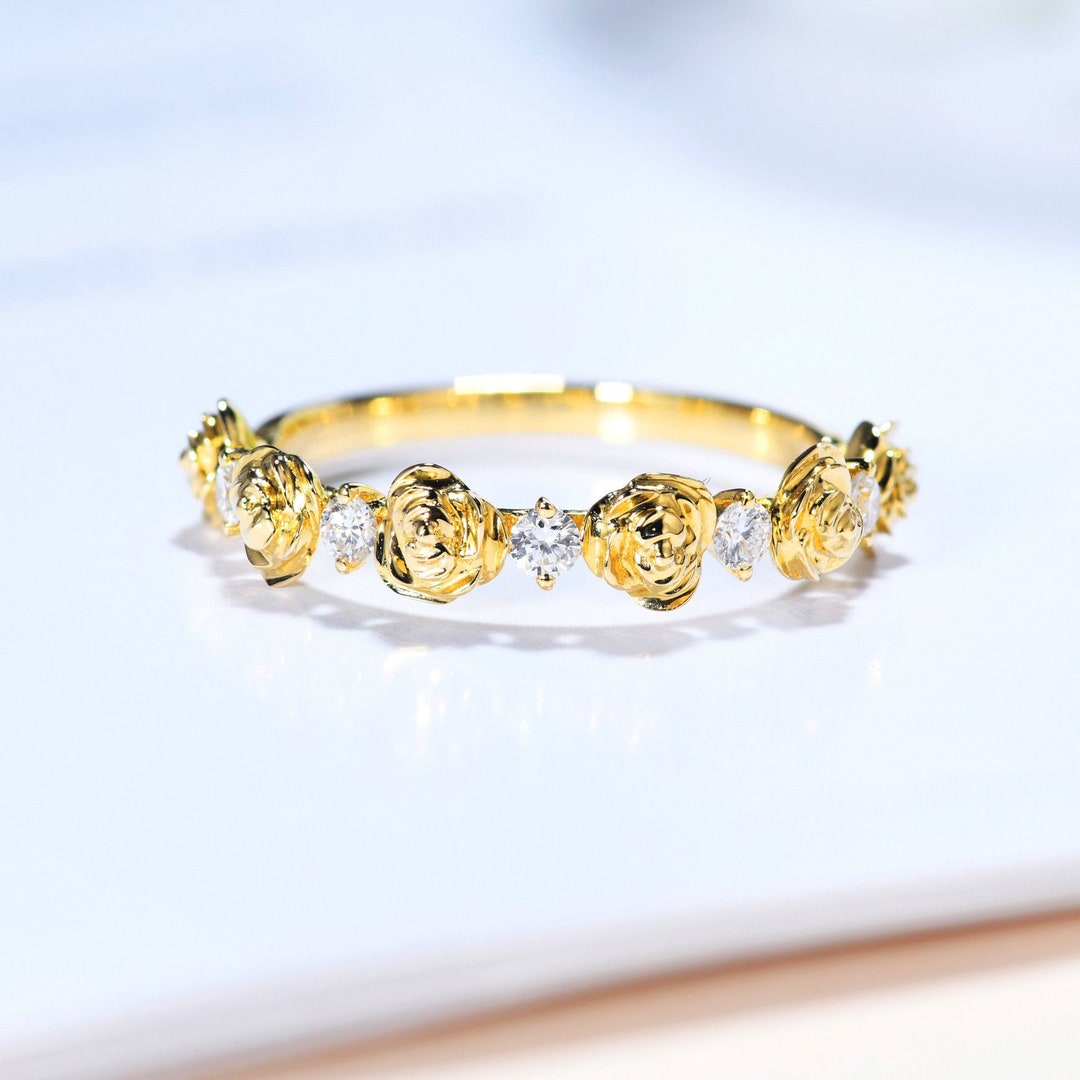 14K Vintage Rose Wedding Band, Flower Shaped Diamond Ring, Rose Gold ...
