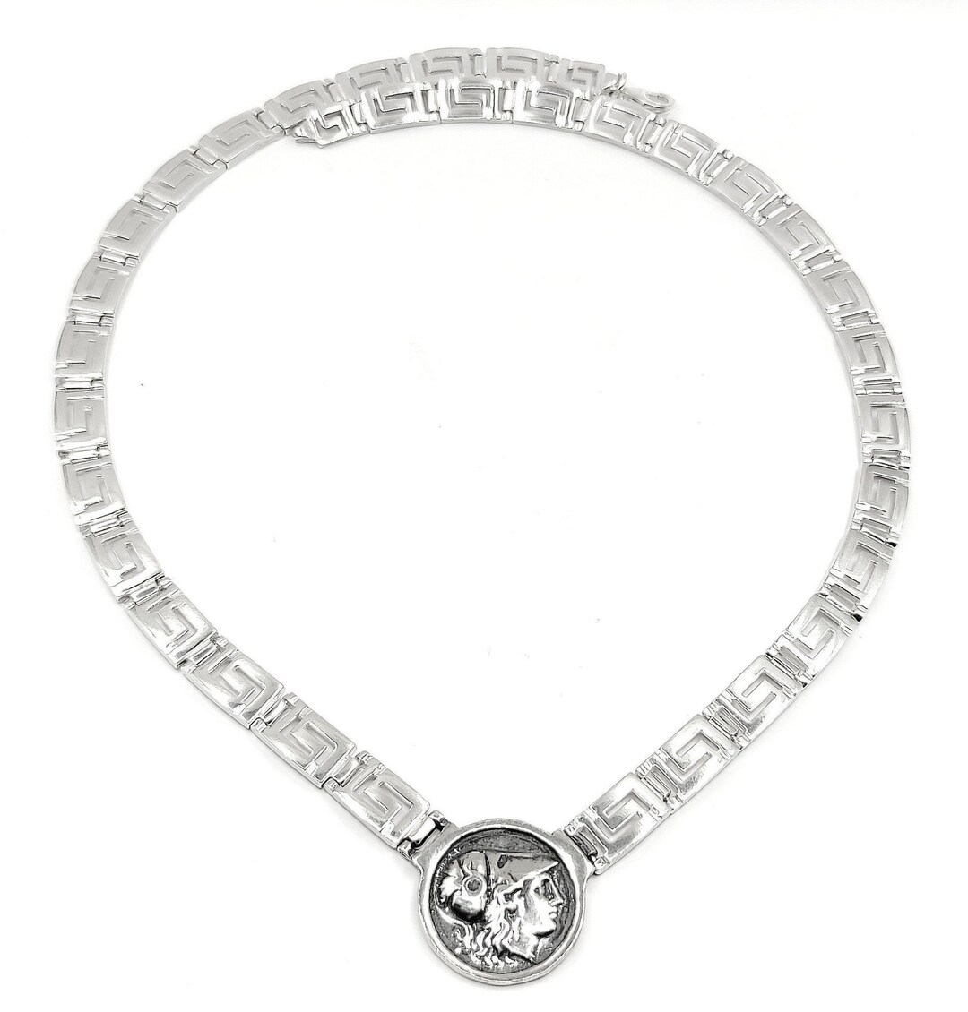 Ancient Greek Athena Nike Silver 925 Coin Necklace With Greek Key - Etsy