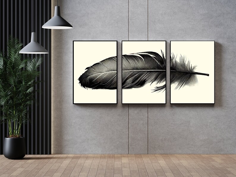 Feather Wall Art Set of 3, Framed Canvas Wall Art, Bird Feather Wall ...