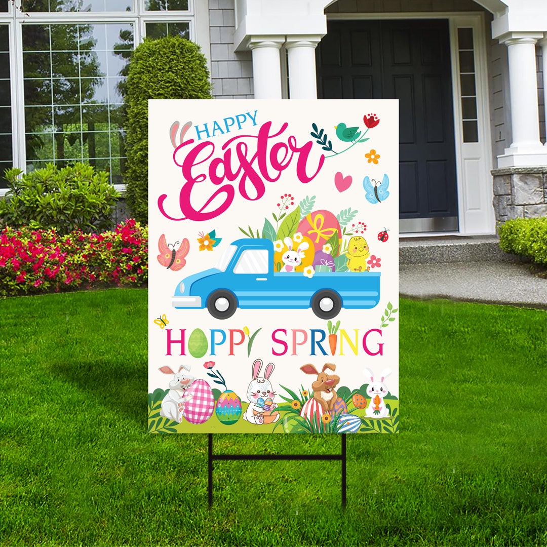 Happy Easter Yard Sign, Coroplast Hello Spring Easter Yard Décor ...