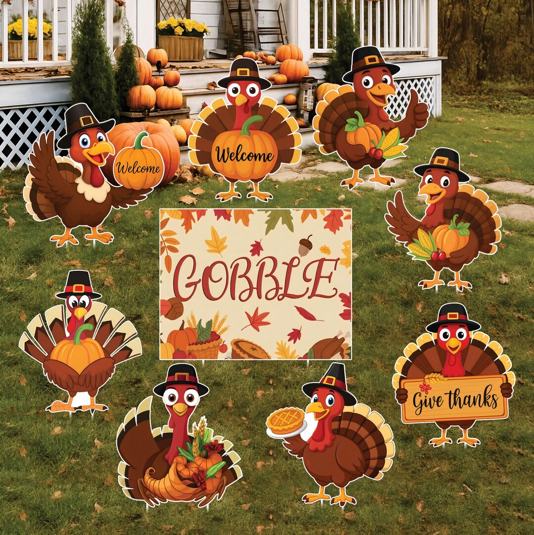 Thanksgiving Gobble Turkey Yard Signs, Fall Harvest Lawn Decorations ...