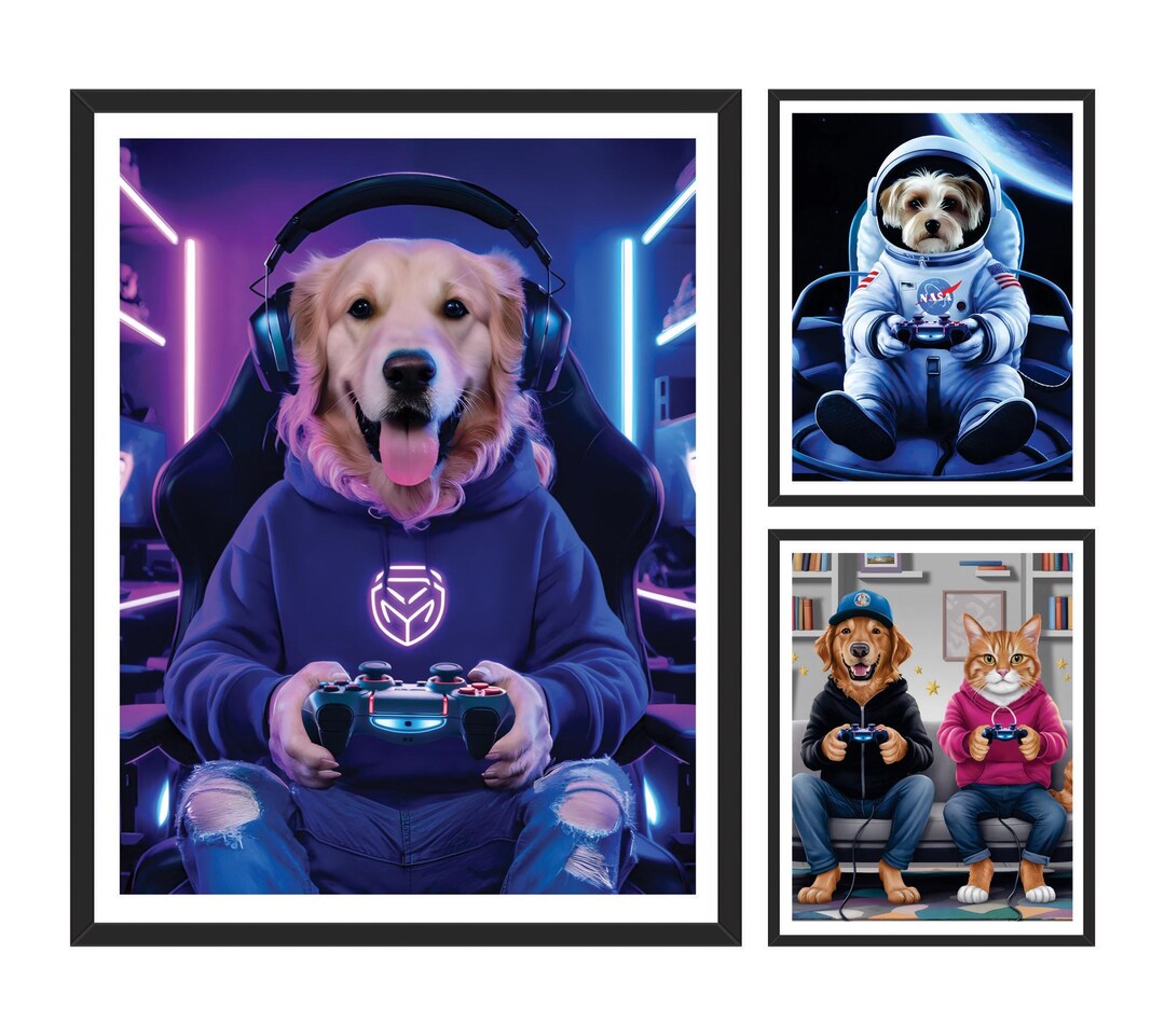 Custom Gamer Pet Portrait, Personalized Dog or Cat Painting, Gaming ...