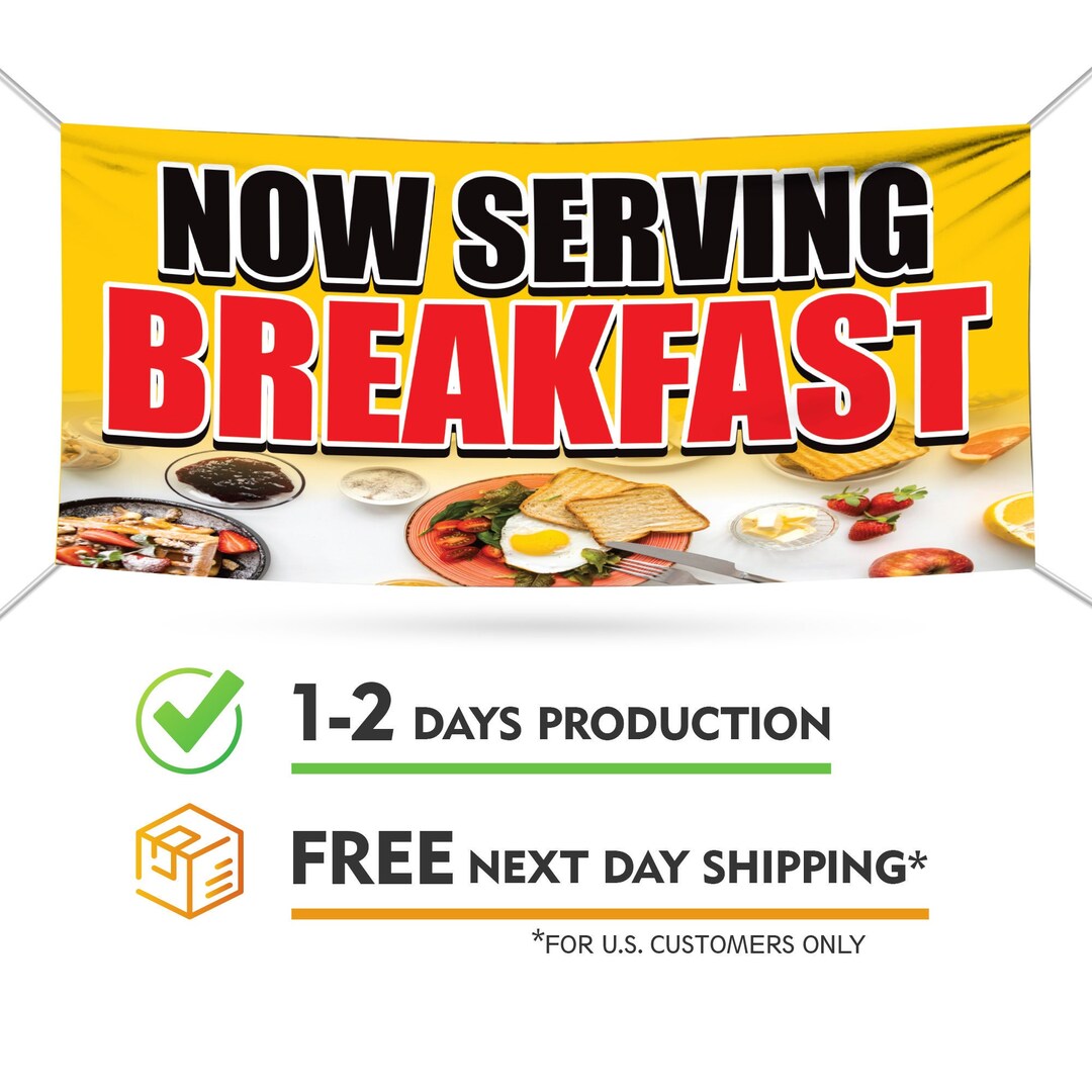 Now Serving Breakfast Banner Sign - 13 Oz Heavy Duty Waterproof Now ...