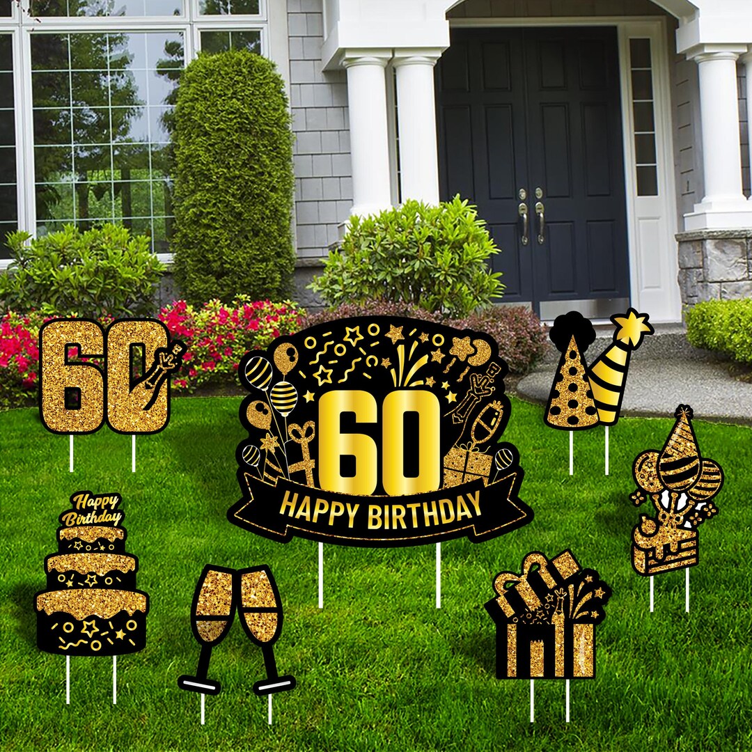 Custom 60th Birthday Yard Sign Decorations - Coroplast Golden Black ...
