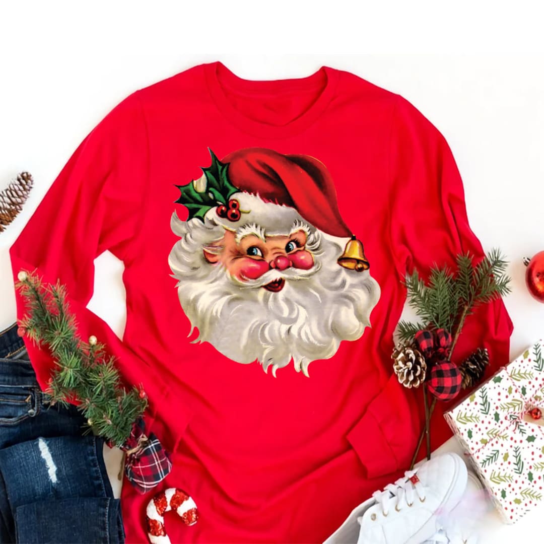 Christmas Santa Long Sleeve T-shirt, Retro Santa Family Unisex Long ...