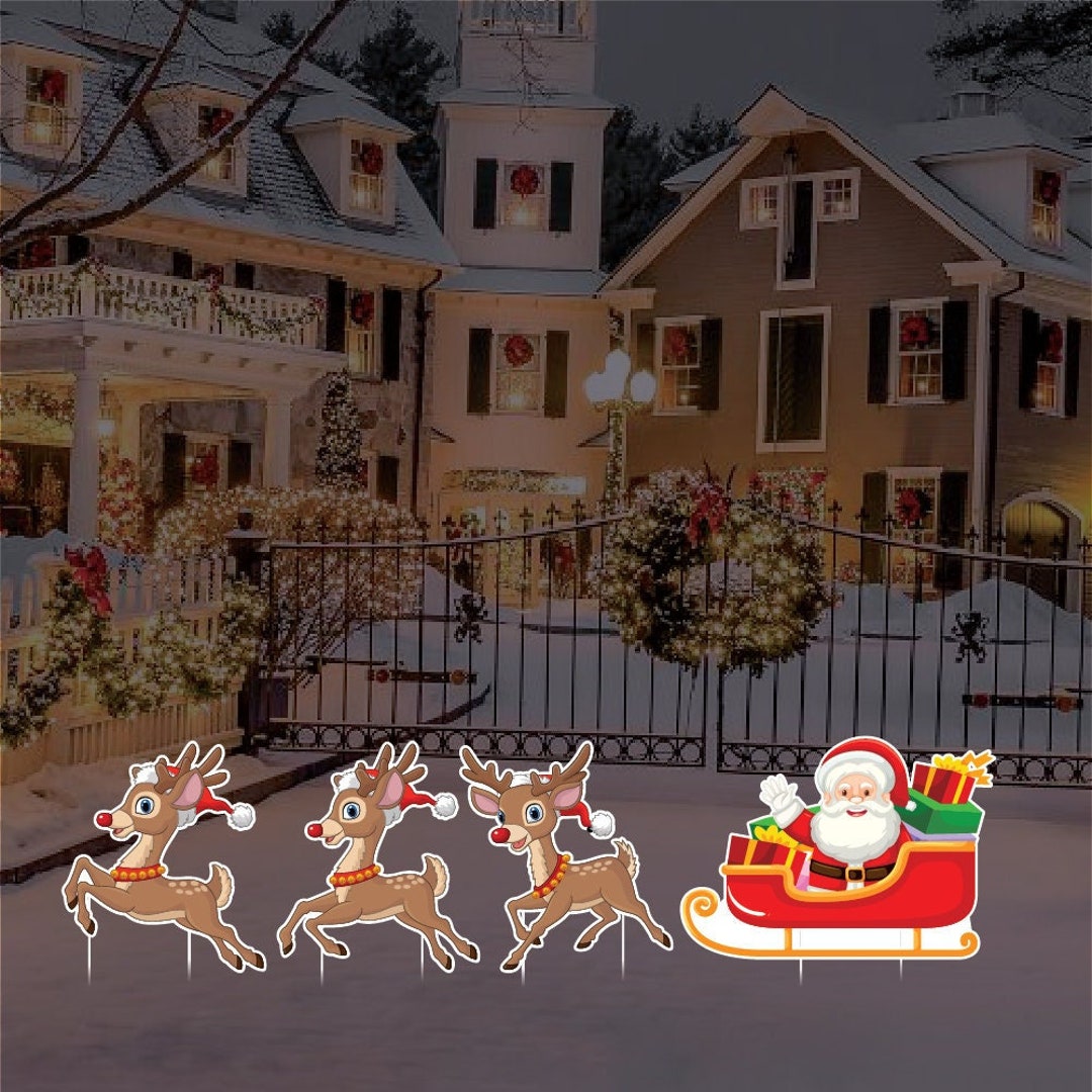 Santa With Reindeer Yard Signs Merry Christmas Props Yard Stakes for ...