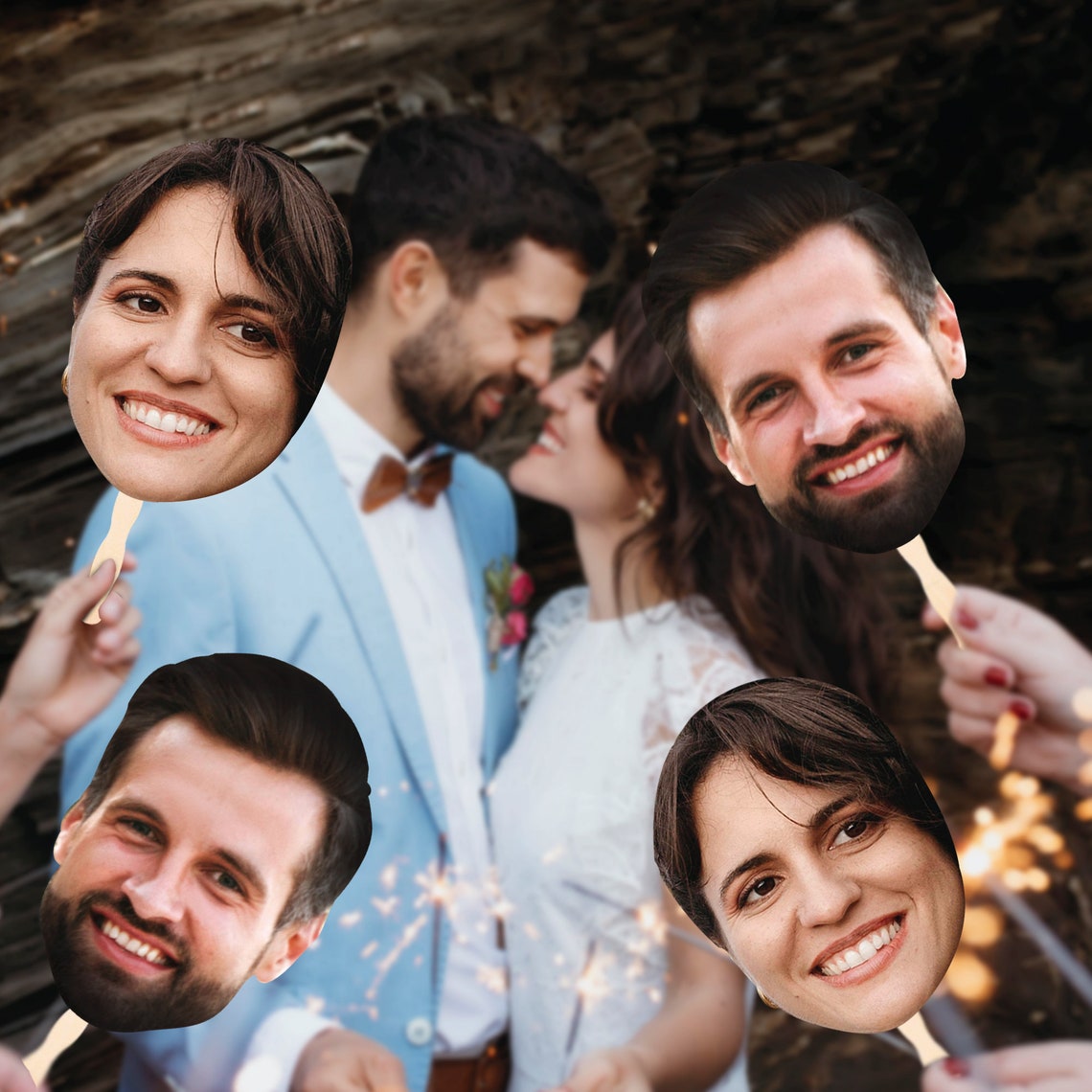 Custom Face Fans With Wooden Handle Wedding Heads - Etsy