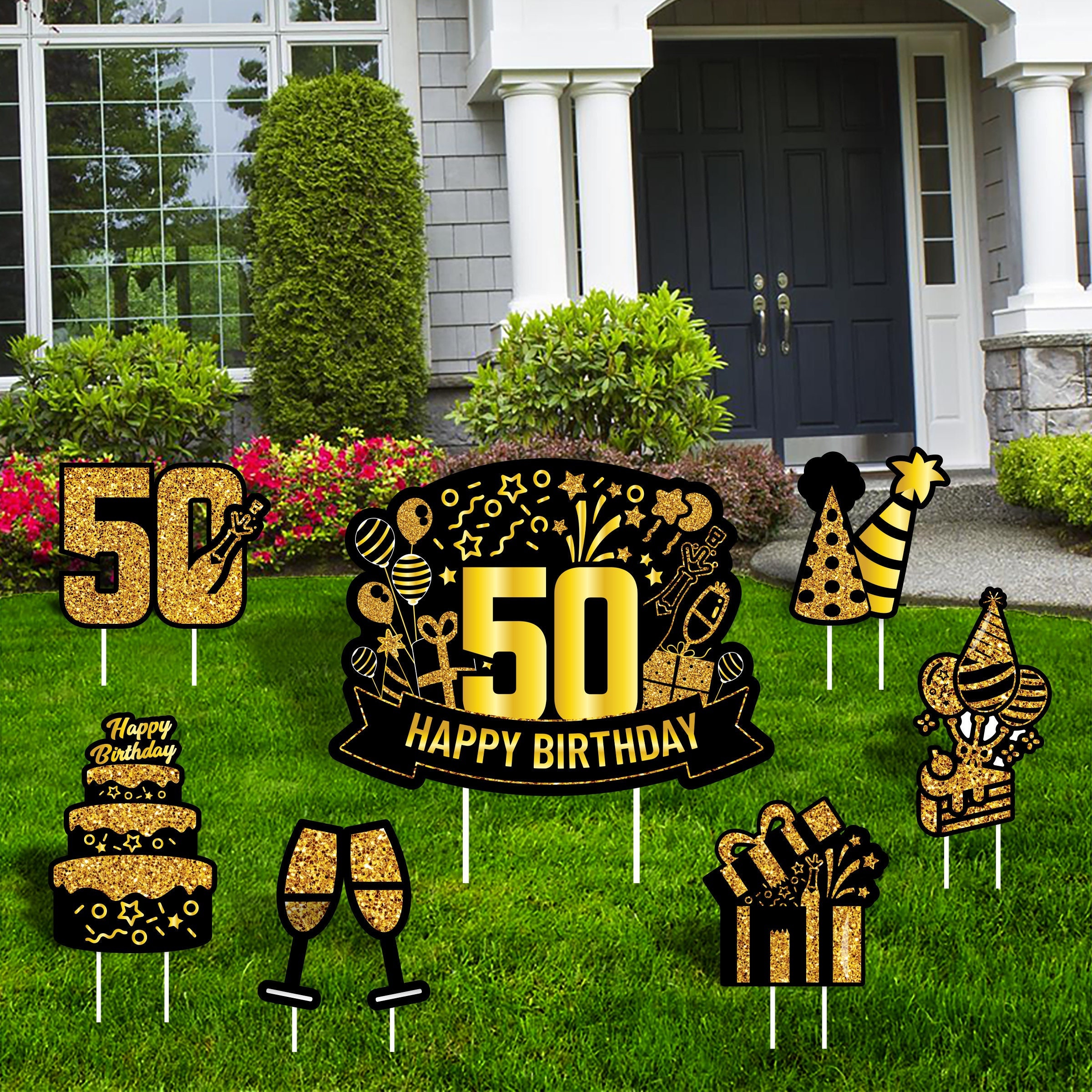 Custom 50th Birthday Yard Sign Decorations - Coroplast Golden Black ...