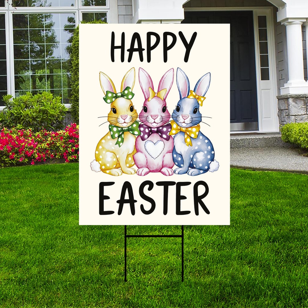 Happy Easter Polka Dot Rabbit Welcome Yard Sign, Love Heart Bunny Bow Easter Day Decorations ...