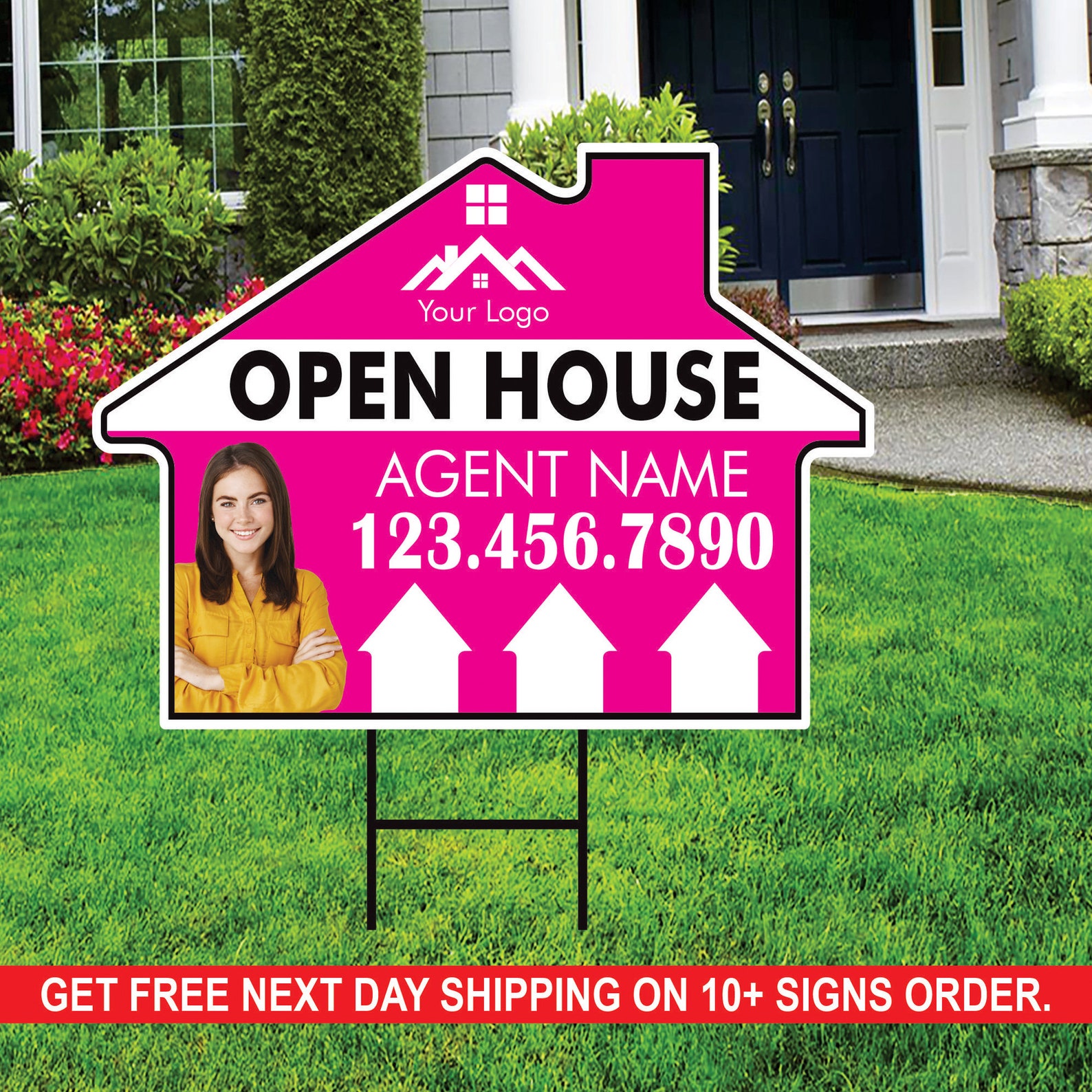10 Pack Custom Open House Arrow Yard Sign 18" X 24", 2 Sided Add Your ...
