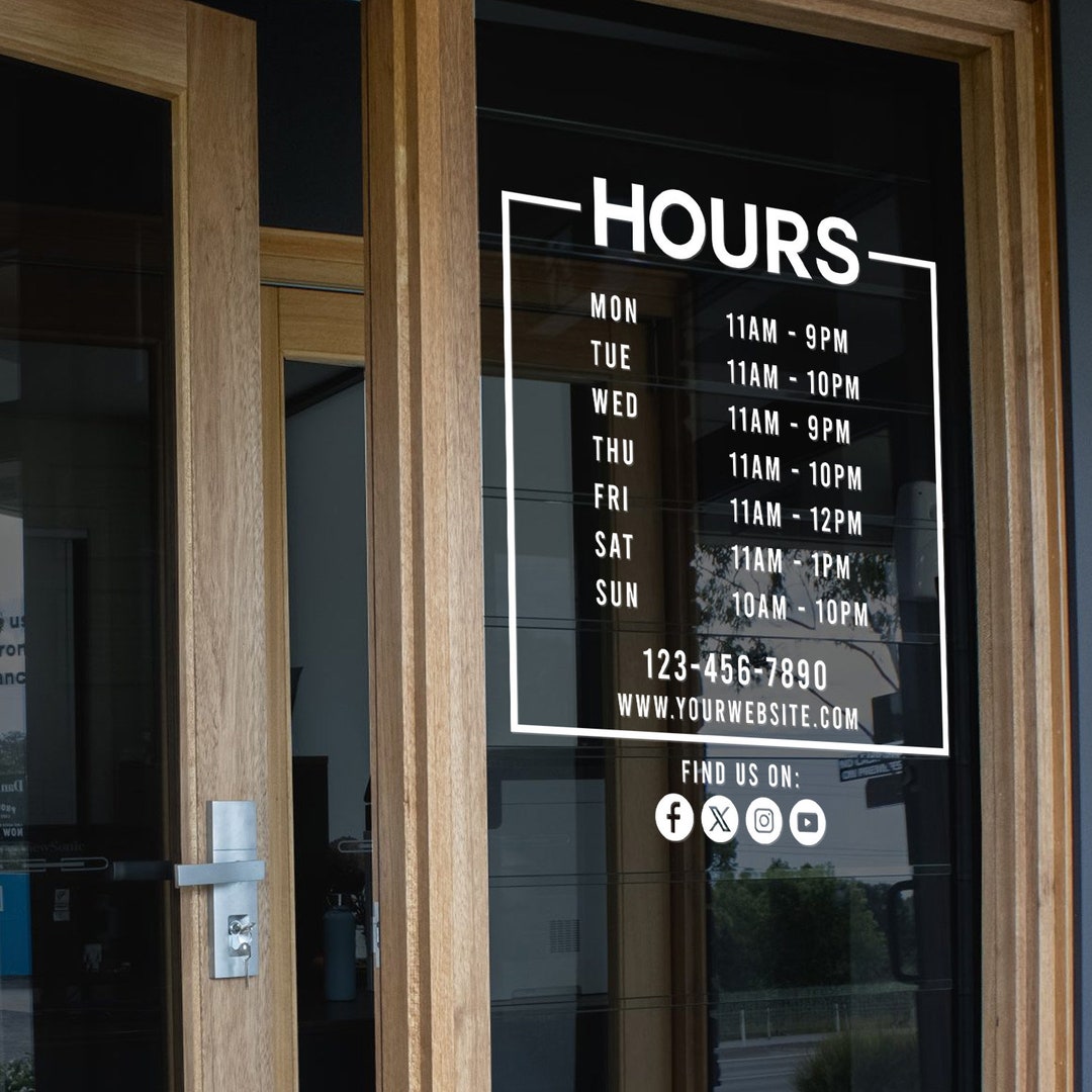 Store Hours Decal, Business Hours Clear Cling Vinyl Sticker, Custom ...