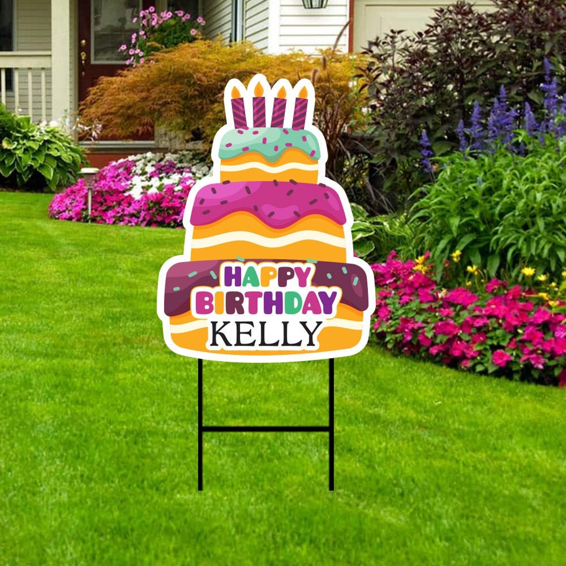 Personalized Happy Birthday Cake Yard Sign 24 X 18 | Etsy